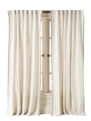 Anthropologie Camille Cotton Linen Pleated Ruffle Trim Curtain - Green