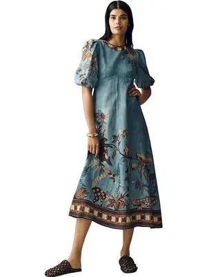 ALEMAIS Georgie Puff Sleeve Linen Midi Dress - Blue