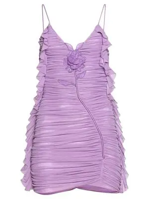 David Koma Lace Rose Embroidered Detail Asymmetric Ruched Dress - Purple