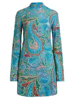 Etro Crochet-effect Paisley-embroidered Mini Dress - Blue