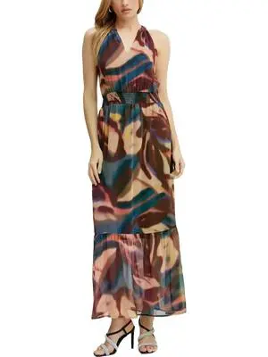 MORGAN Abstract Halterneck Midi Dress - Brown