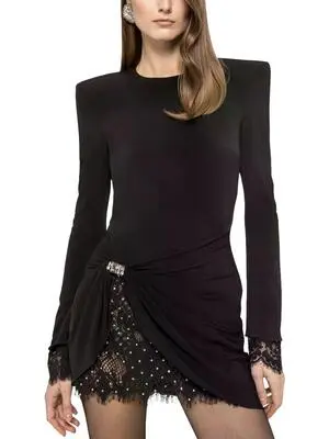 NISSA Lace Insert Mini Dress - Black