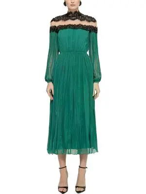 NISSA Lace Panel Silk Midi Dress - Green