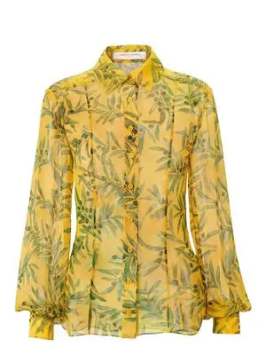 Carolina Herrera Olive Branch-print Silk Chiffon Shirt - Yellow