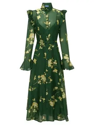 LEO LIN Katrina Linen Blend Midi Dress Dark Green