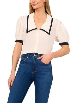 CECE DUPRAZ Puff Sleeve Point Collar Top - Eggnog