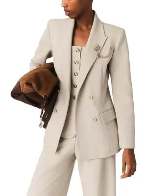 Maje Suit Jacket With Brooch - Beige