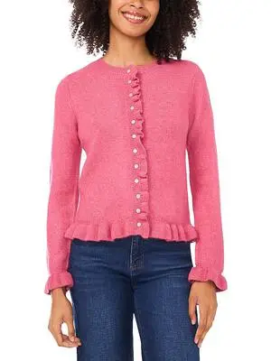 CECE DUPRAZ Long Sleeve Ruffle Edge Cardigan Sweater - Rose Rococo
