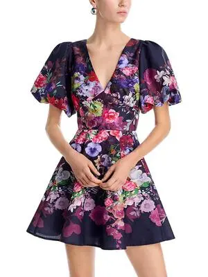 Aqua Floral V-neck Mini Dress - Navy Multi