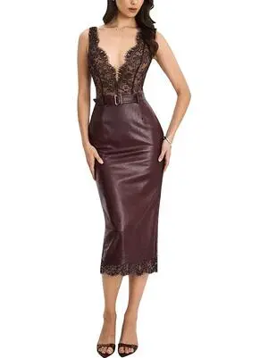 MISS CIRCLE Fiera Plunging Halter Belted Midi Dress - Mahogany