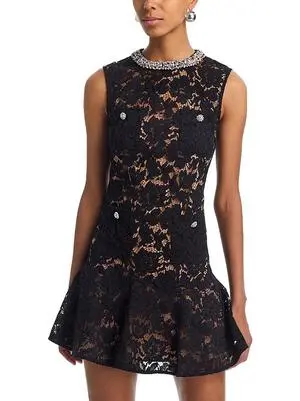 SELF-PORTRAIT Lace Crystal Embellished Mini Dress - Black