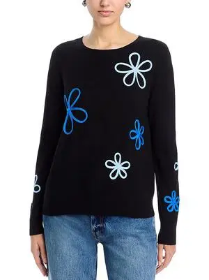 T Tahari Crewneck Floral Applique Pullover Sweater - Black/ Multi