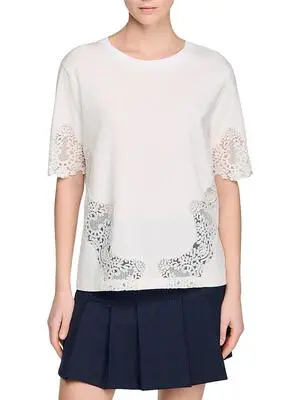 Sandro Cotton Tee With Lace Detail - Ecru