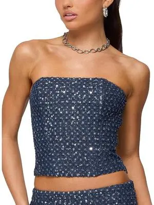 EDIKTED Sora Sequin Distressed Denim Corset - Dark-blue