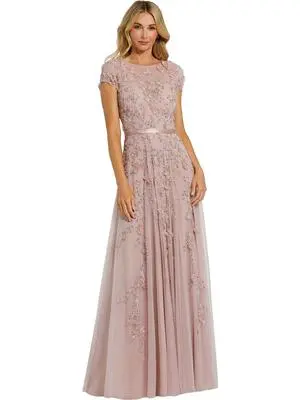 Mac Duggal Floral Embellished Cap Sleeve Gown - Pink