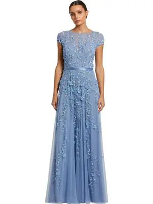 Mac Duggal Floral Embellished Cap Sleeve Gown - Blue