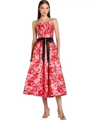 Mac Duggal Strapless Brocade Midi Dress With Bow - Red Multi