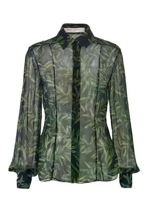 Carolina Herrera Olive Branch-print Silk Chiffon Shirt - Green