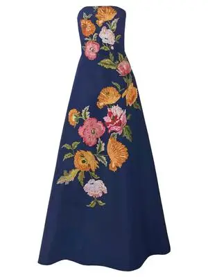 Carolina Herrera Floral-embroidered Strapless Gown - Blue