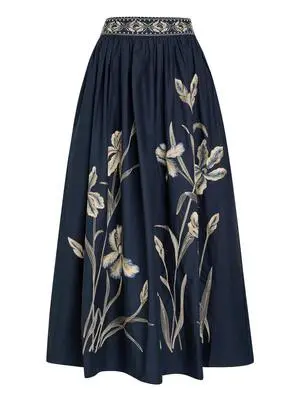 EMPORIO SIRENUSE Embroidered Cotton-poplin Maxi Skirt - Navy