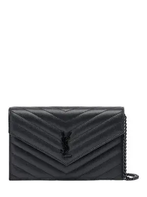 Saint Laurent Cassandre Envelope Leather Wallet On Chain - Black