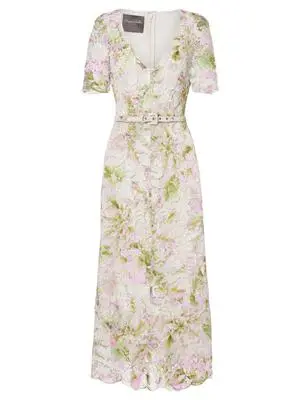 Monique Lhuillier Belted Lace Midi Dress - Multicoloured