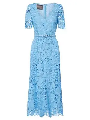 Monique Lhuillier Belted Lace Midi Dress - Blue