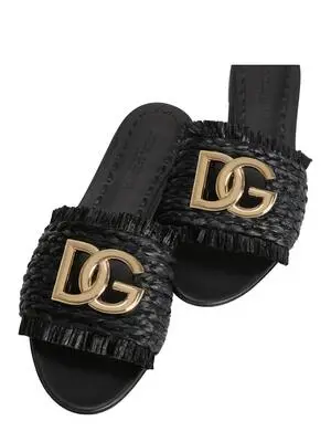 Dolce & Gabbana Dg Logo Raffia Flat Sandals - Black