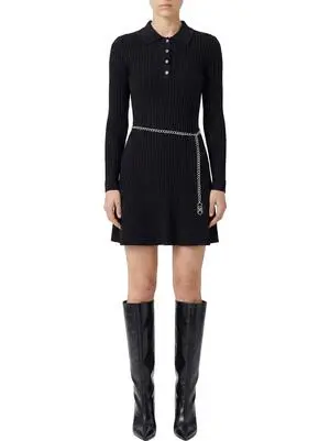 Michael Kors Ribbed Knit Polo Dress With Chain Belt - Black
