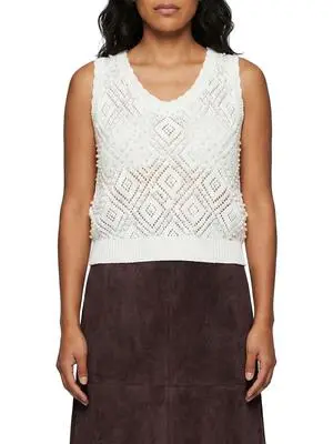 TWINSET Openwork Cotton Blend Knit Top With Pearl Embellishments