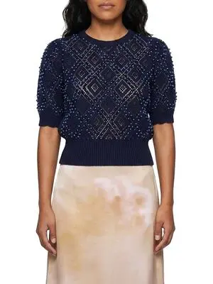 TWINSET Perforated Cotton Knit Jumper With Pearl Embellishments Blue