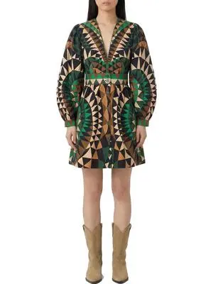 Farm Rio Printed Mini Dress With V-neck And Button Details - Green