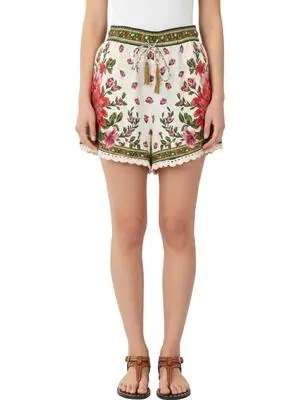 Farm Rio Floral Linen Drawstring Shorts - Black