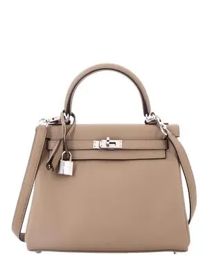 HERMES Kelly Handbag Brown Swift With Palladium Hardware 25 - Beige Marfa