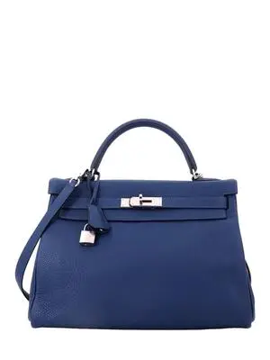 HERMES Kelly Handbag Blue Togo With Palladium Hardware 32