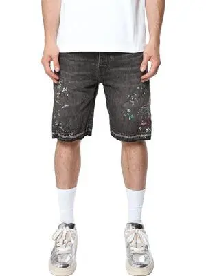 PURPLE BRAND Embroidered Splatter Relaxed Denim Shorts - Black