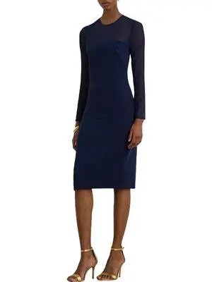 Ralph Lauren Sheer Yoke Merino Wool Cocktail Dress - Refined Navy Blue