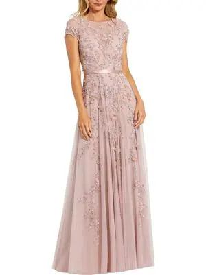 Mac Duggal Petite Floral Embellished Cap Sleeve Gown - Mocha