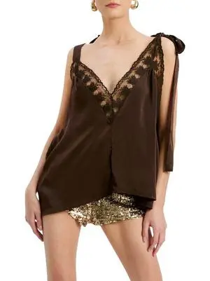Bardot Aubrey Embroidered Tie Strap Camisole - Dark Choco