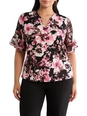 Anne Klein Floral Ruffle Elbow Sleeve Top - Anne Black Multi