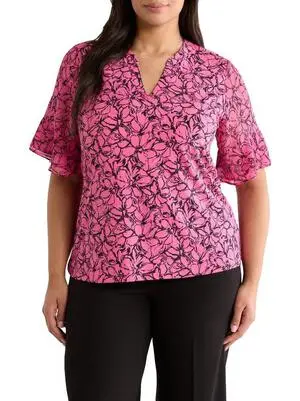 Anne Klein Flutter Sleeve Top - Pink Berry/anne Black