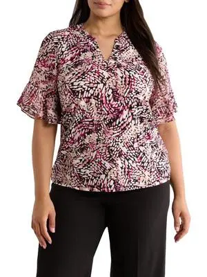 Anne Klein Abstract Print Ruffle Top - Pink Berry Multi