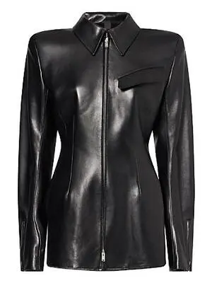 MUGLER Collared Cinched-waist Leather Jacket - Black