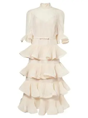 Zimmermann Pleated Tiered Woven Midi Dress - Cream