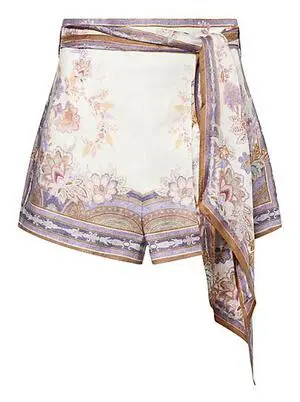 Zimmermann Luna Scarf-tie Linen Shorts - Cream Blue Paisley