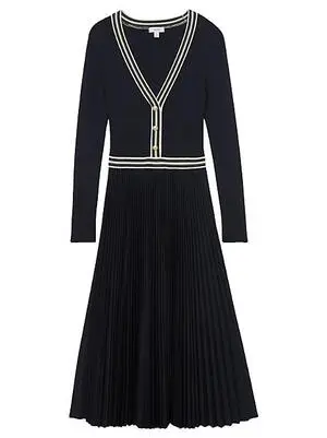 REISS Pleated Knitted Midi Dress - Navy