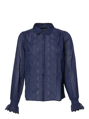 ME+EM Broderie-trim Regular-fit Cotton-voile Shirt - Bright Navy