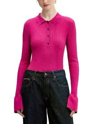 Karl Lagerfeld Ribbed Buttoned Polo Top - Pink