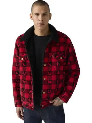 LEVI'S Relaxed Fit Sherpa Plaid Trucker Jacket - Desert Icon Buffalo Print Urban Red