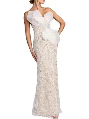 Mac Duggal Sequin Organza Strapless Bow Detail Column Gown - Ivory Nude